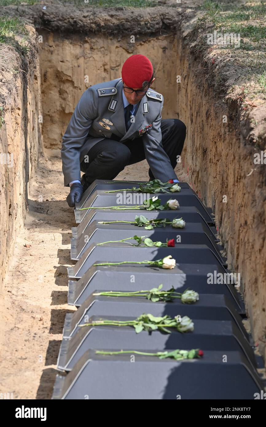 Small coffins containing the remains of German soldiers are embedded in ...