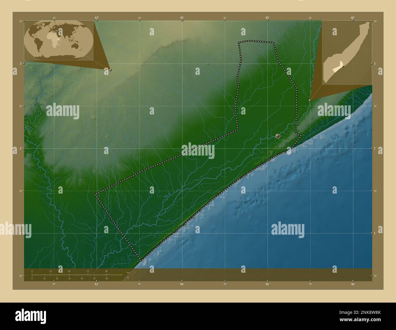 Shabeellaha Hoose, region of Somalia Mainland. Colored elevation map ...