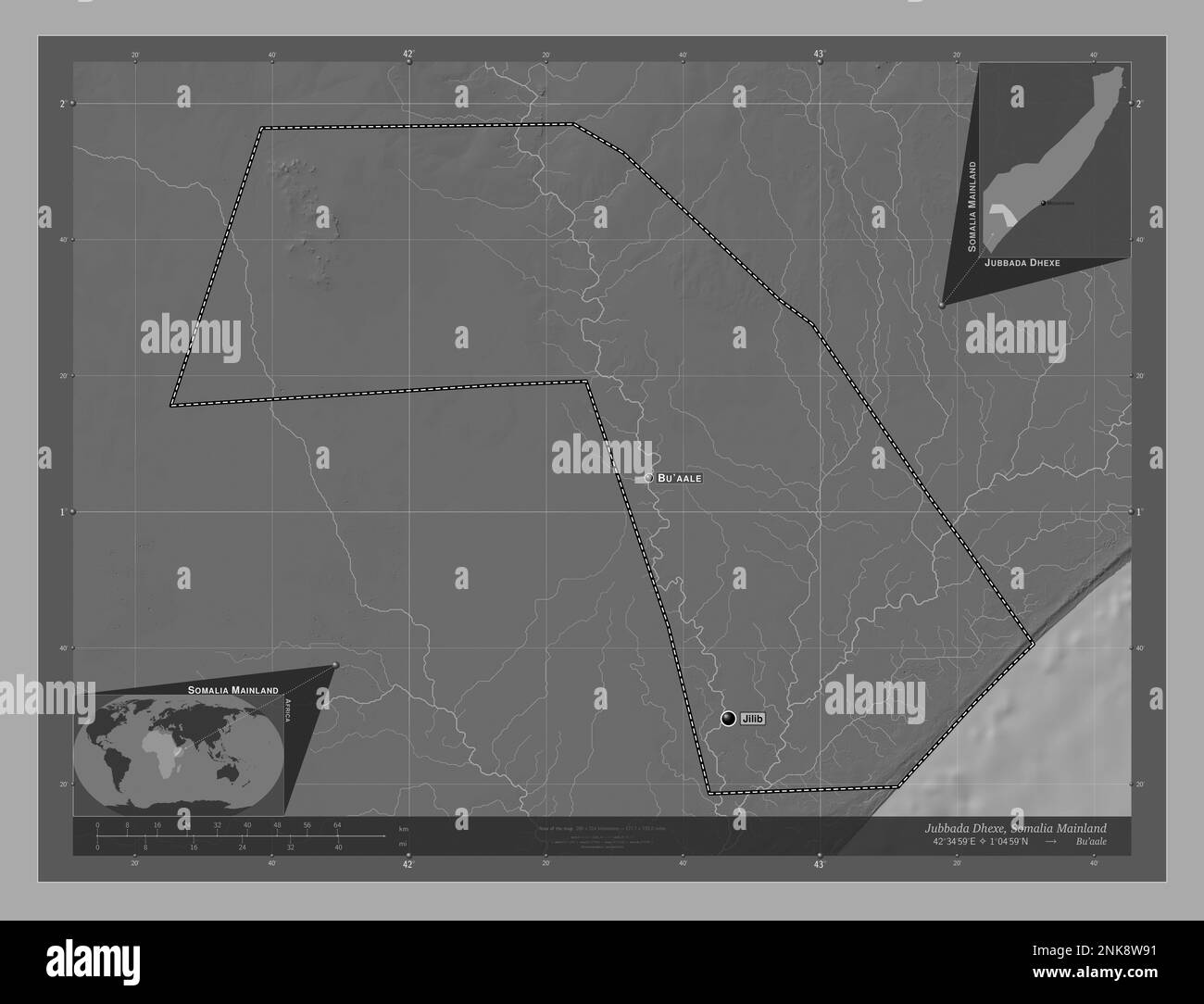 Jubbada Dhexe, region of Somalia Mainland. Bilevel elevation map with lakes and rivers ...