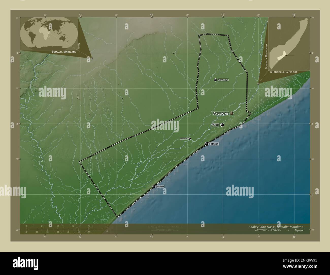 Shabeellaha Hoose, region of Somalia Mainland. Elevation map colored in ...