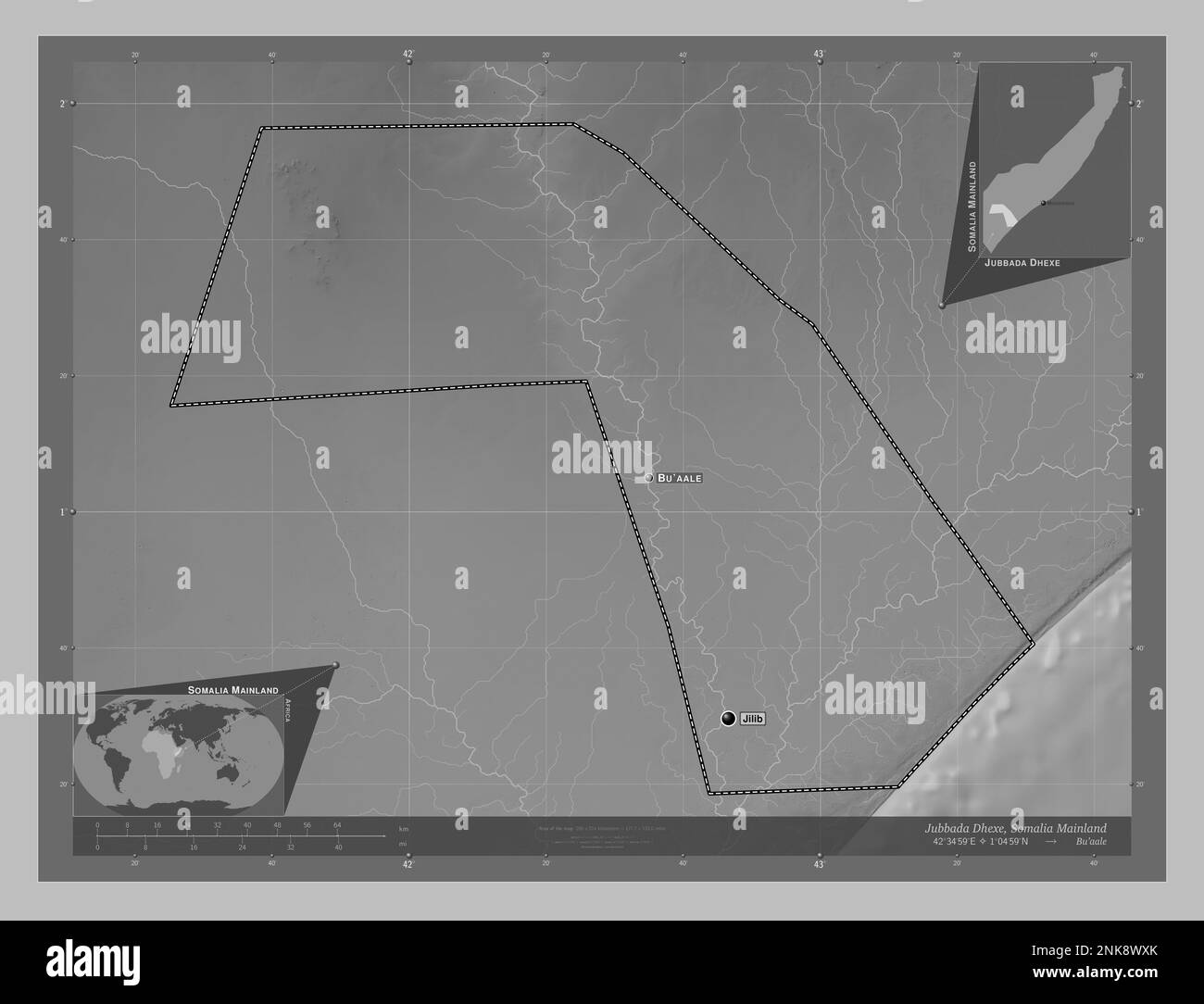 Jubbada Dhexe, region of Somalia Mainland. Grayscale elevation map with lakes and rivers ...