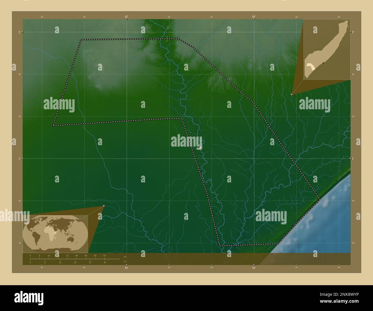 Jubbada Dhexe, region of Somalia Mainland. Colored elevation map with ...