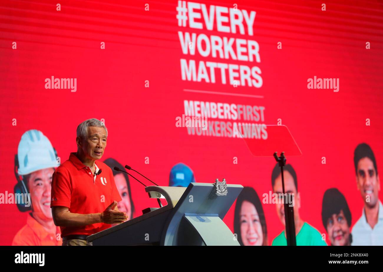 Lee Hsien Loong, Prime Minister of Singapore, speaking at the May Day Rally at D'Marquee in ...