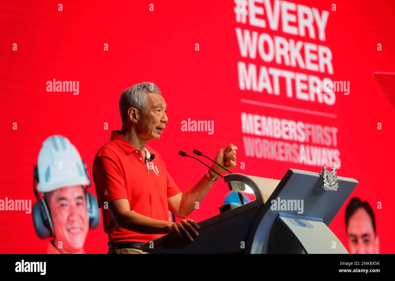Lee Hsien Loong, Prime Minister of Singapore, speaking at the May Day Rally at D'Marquee in ...