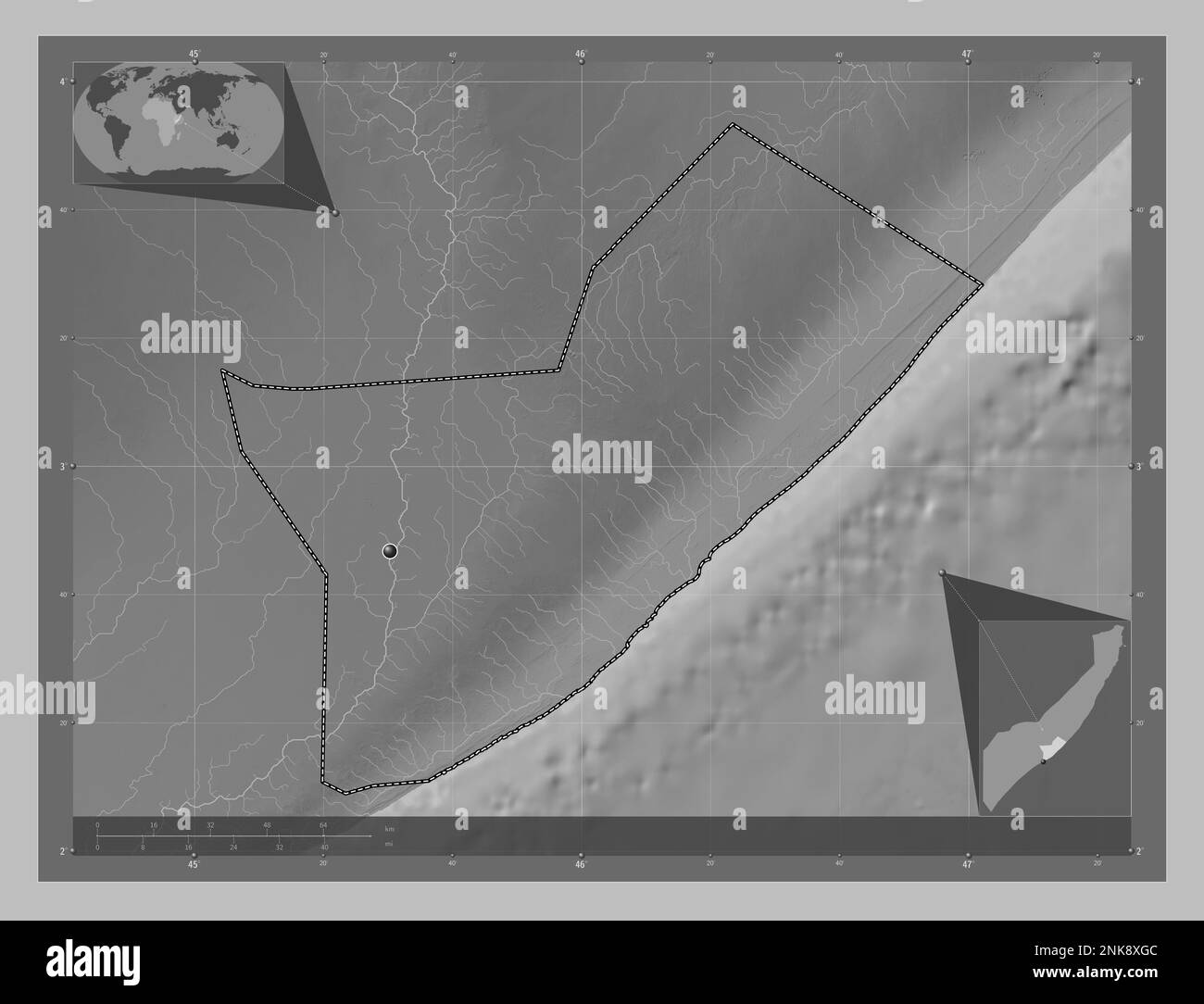 Shabeellaha Dhexe, region of Somalia Mainland. Grayscale elevation map with lakes and rivers ...