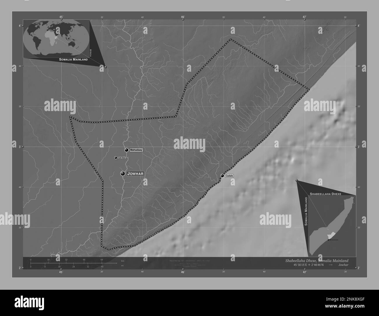Shabeellaha Dhexe, region of Somalia Mainland. Bilevel elevation map with lakes and rivers ...