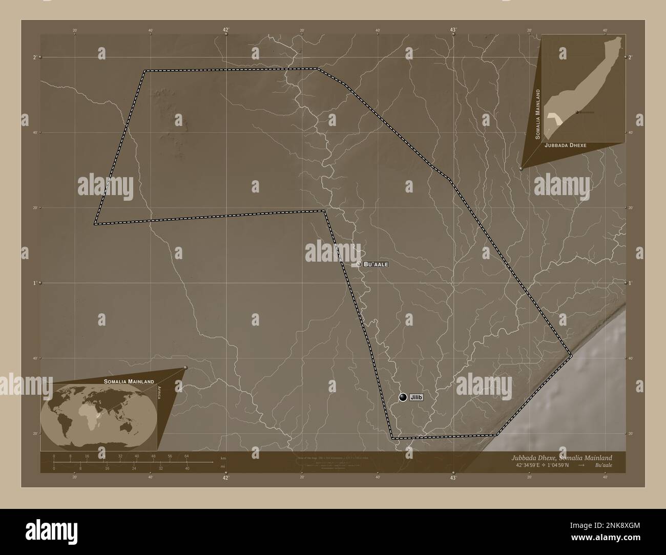 Jubbada Dhexe, region of Somalia Mainland. Elevation map colored in ...