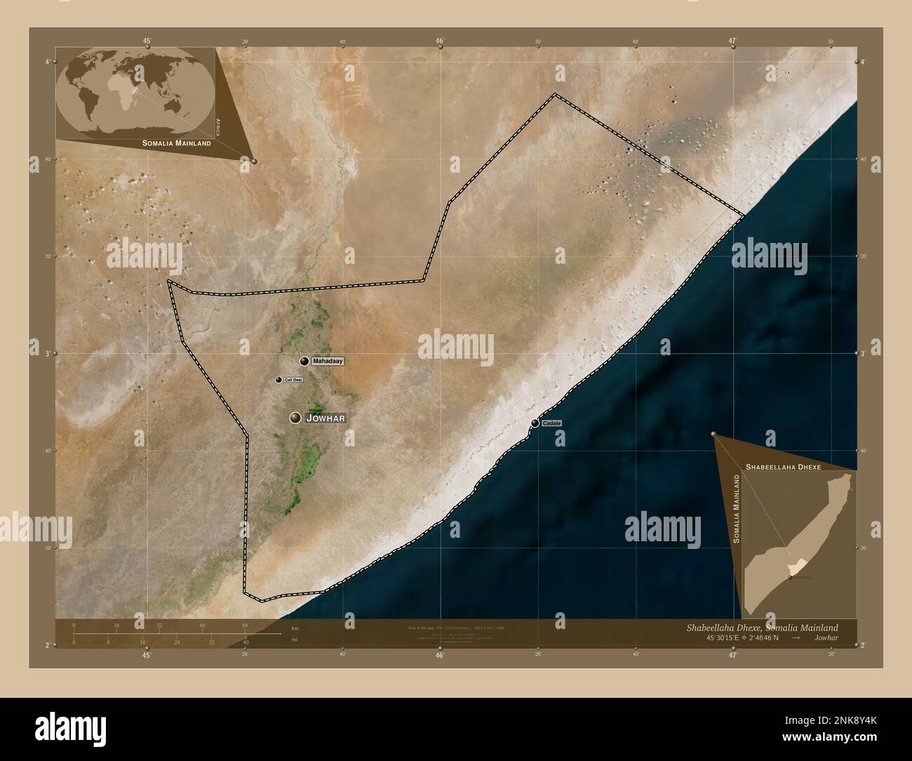 Shabeellaha Dhexe, region of Somalia Mainland. Low resolution satellite ...