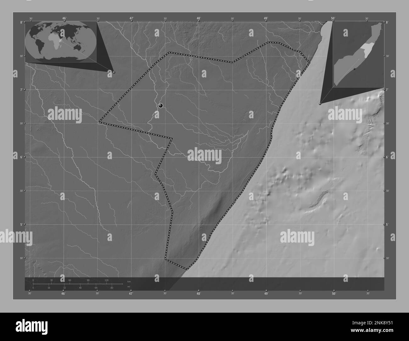 Mudug, region of Somalia Mainland. Bilevel elevation map with lakes and rivers. Corner auxiliary ...