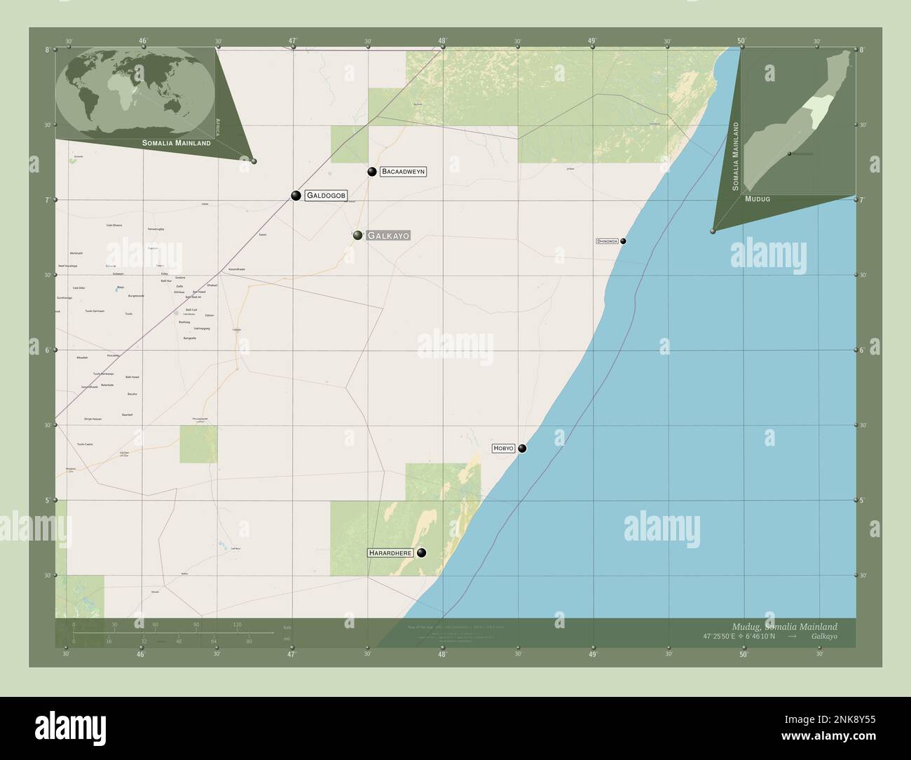 Mudug, region of Somalia Mainland. Open Street Map. Locations and names of major cities of the ...