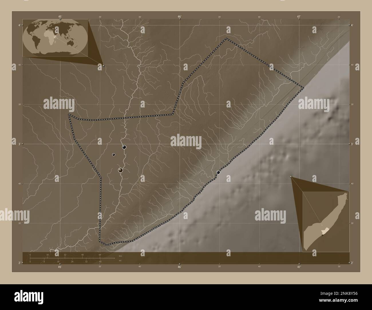 Shabeellaha Dhexe, region of Somalia Mainland. Elevation map colored in ...
