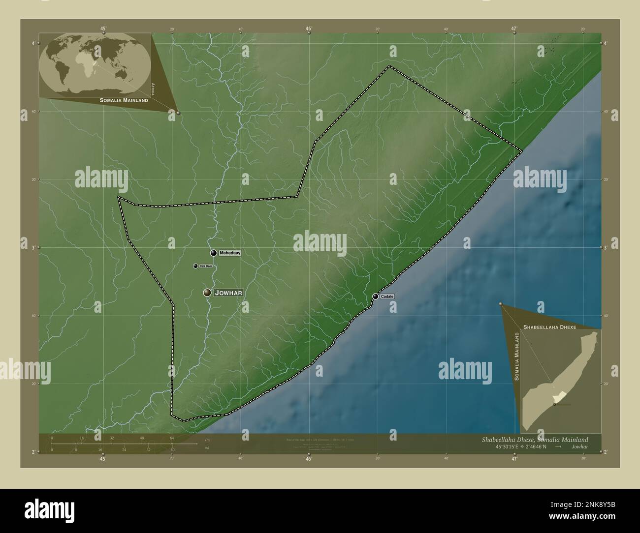 Shabeellaha Dhexe, region of Somalia Mainland. Elevation map colored in wiki style with lakes ...