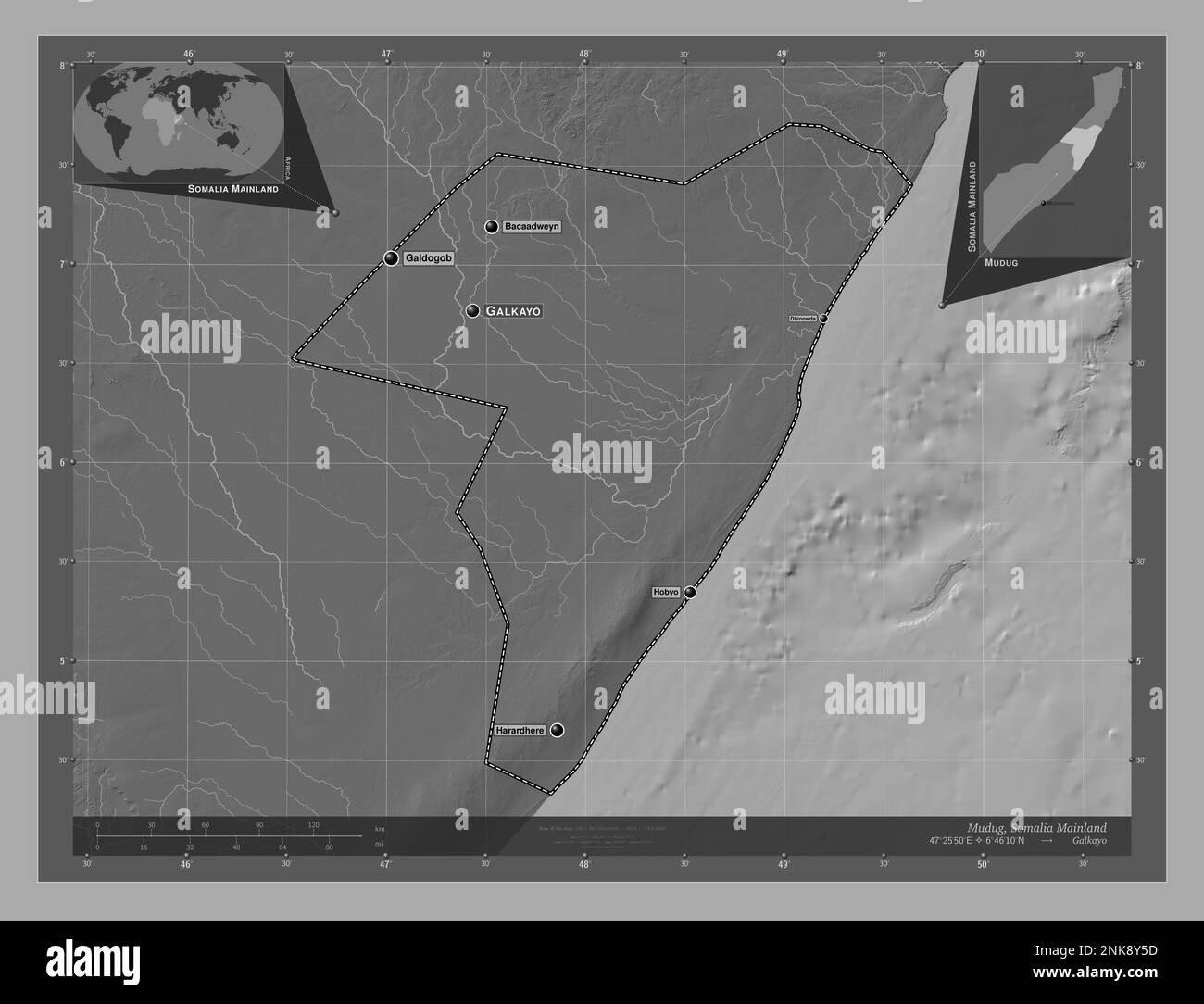 Mudug, region of Somalia Mainland. Bilevel elevation map with lakes and rivers. Locations and ...