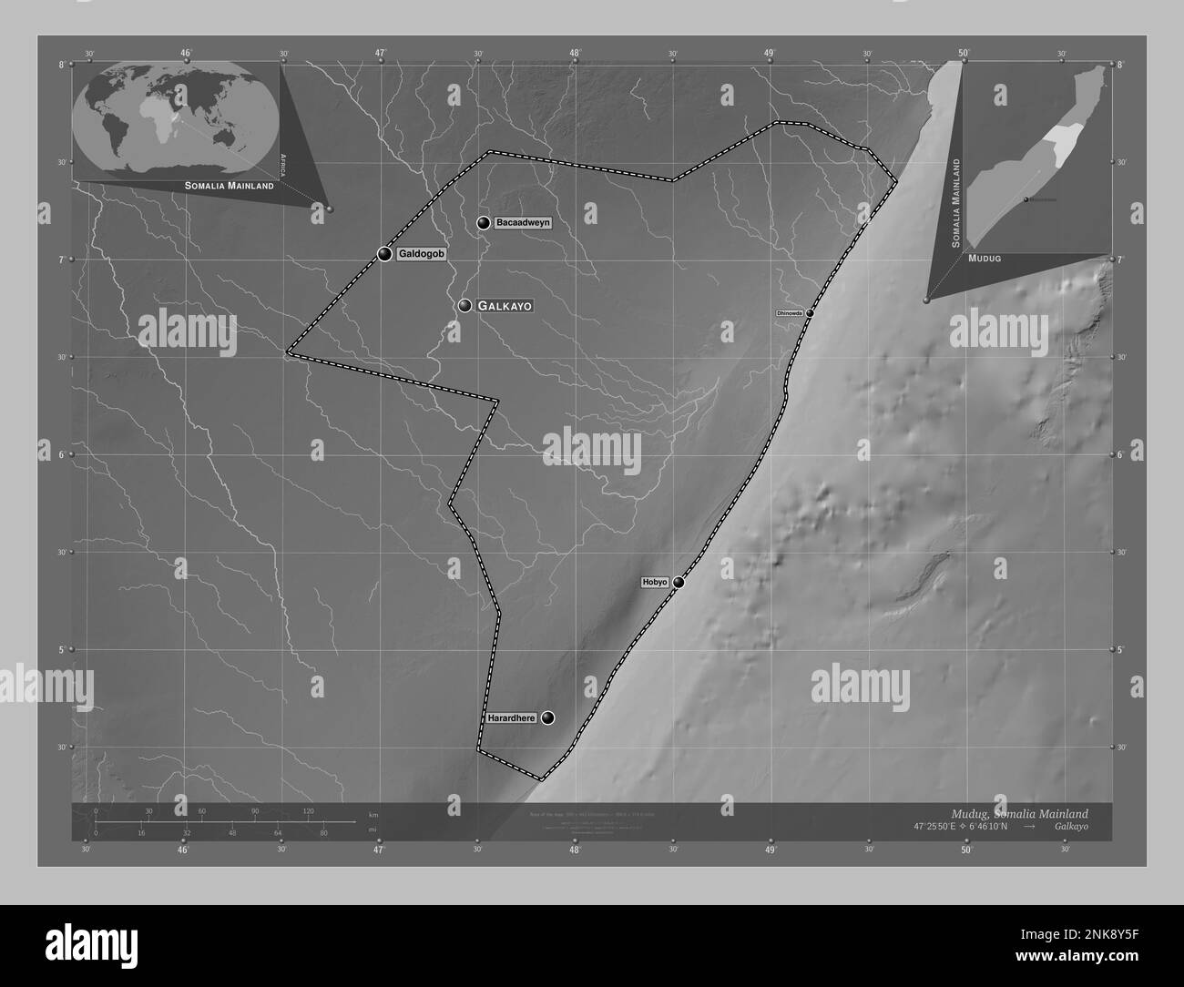 Mudug, region of Somalia Mainland. Grayscale elevation map with lakes ...