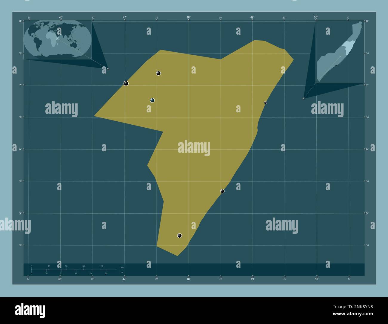 Mudug, region of Somalia Mainland. Solid color shape. Locations of major cities of the region ...