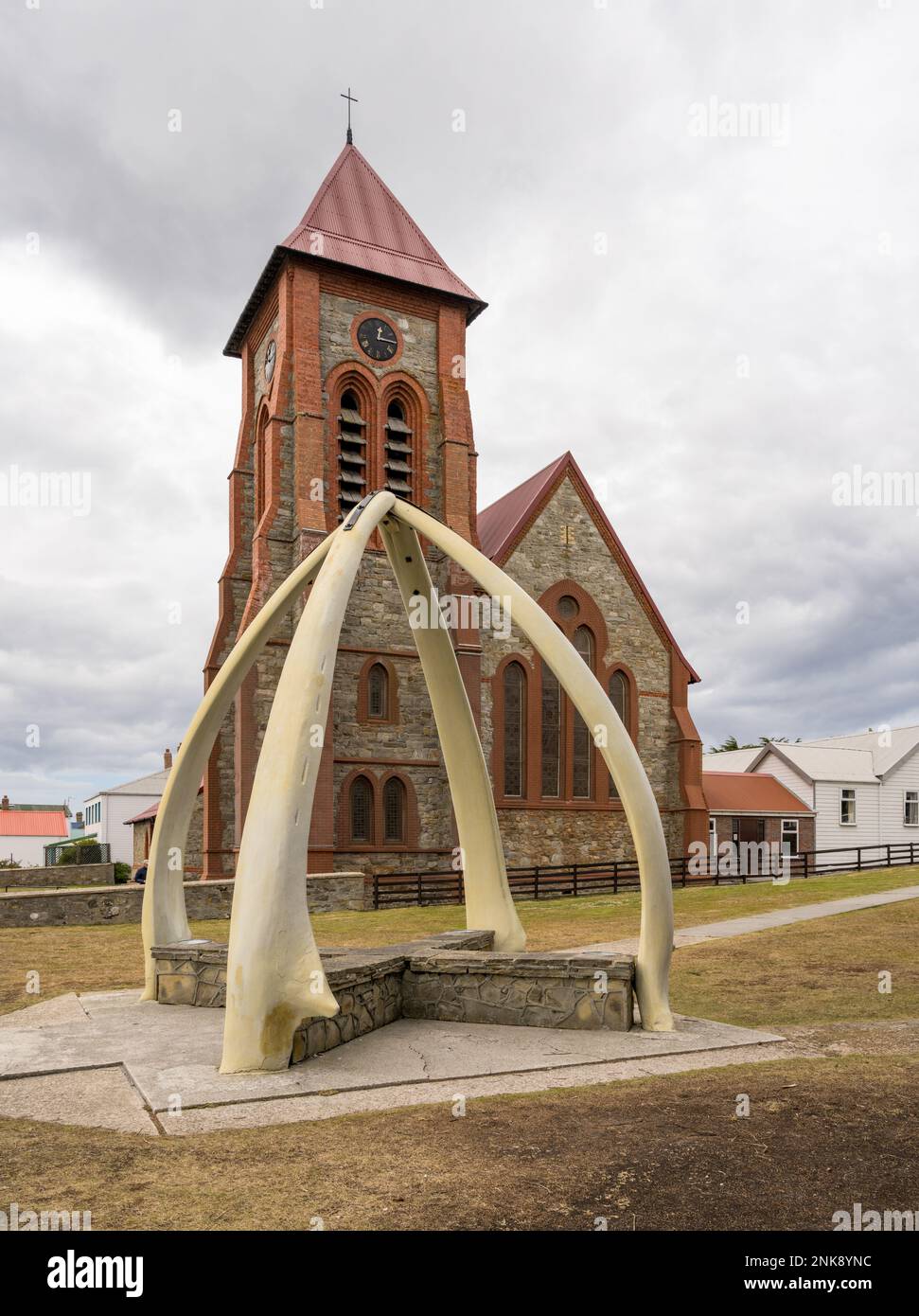 Christ Church Cathedral with whale bone memorial in Stanley Falkland ...