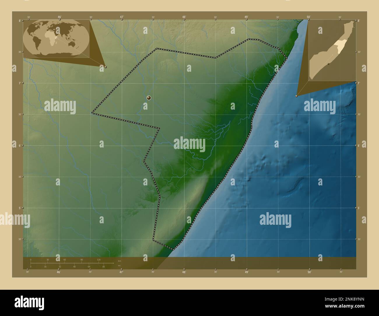 Mudug, region of Somalia Mainland. Colored elevation map with lakes and rivers. Corner auxiliary ...