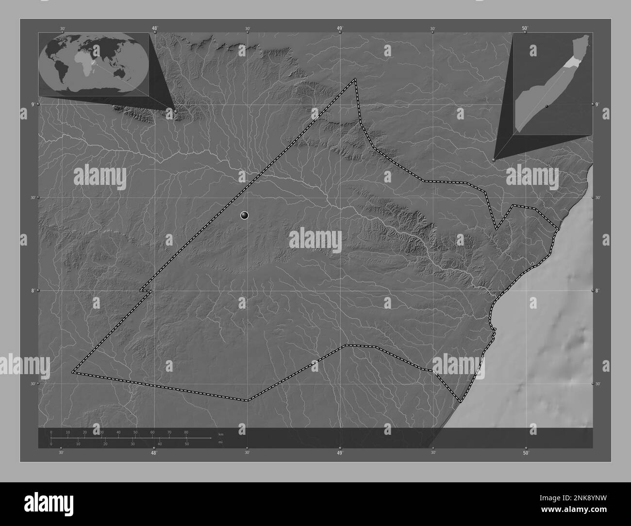 Nugaal, region of Somalia Mainland. Bilevel elevation map with lakes and rivers. Corner ...
