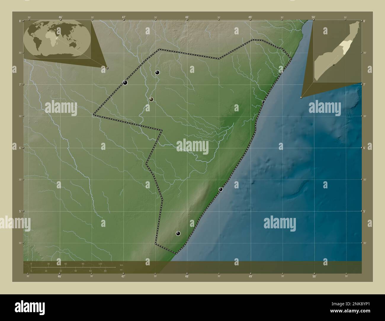Mudug, region of Somalia Mainland. Elevation map colored in wiki style with lakes and rivers ...