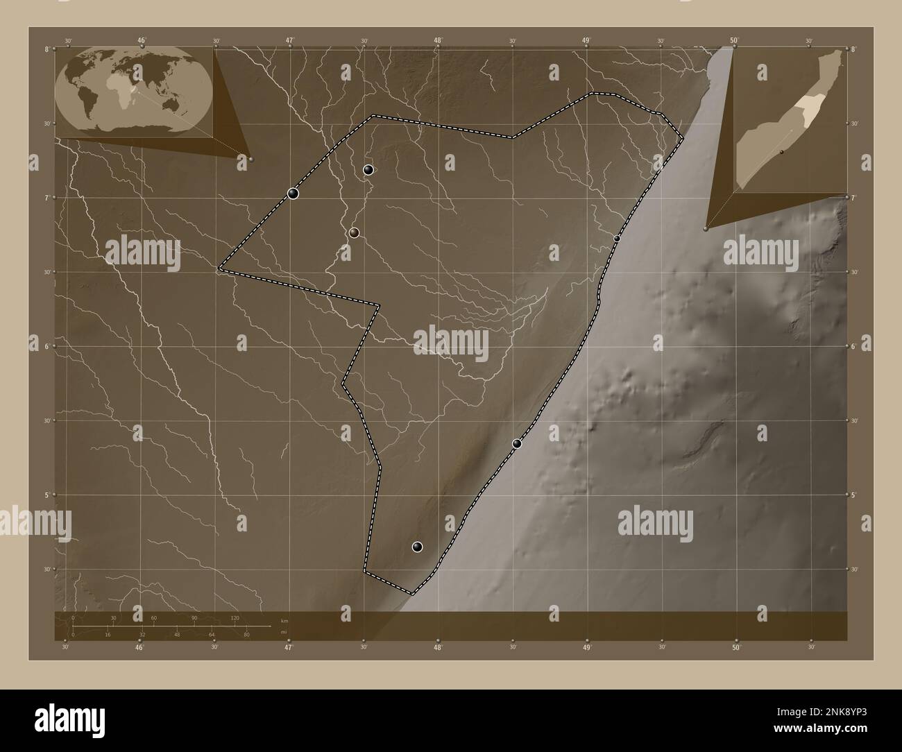 Mudug, region of Somalia Mainland. Elevation map colored in sepia tones ...