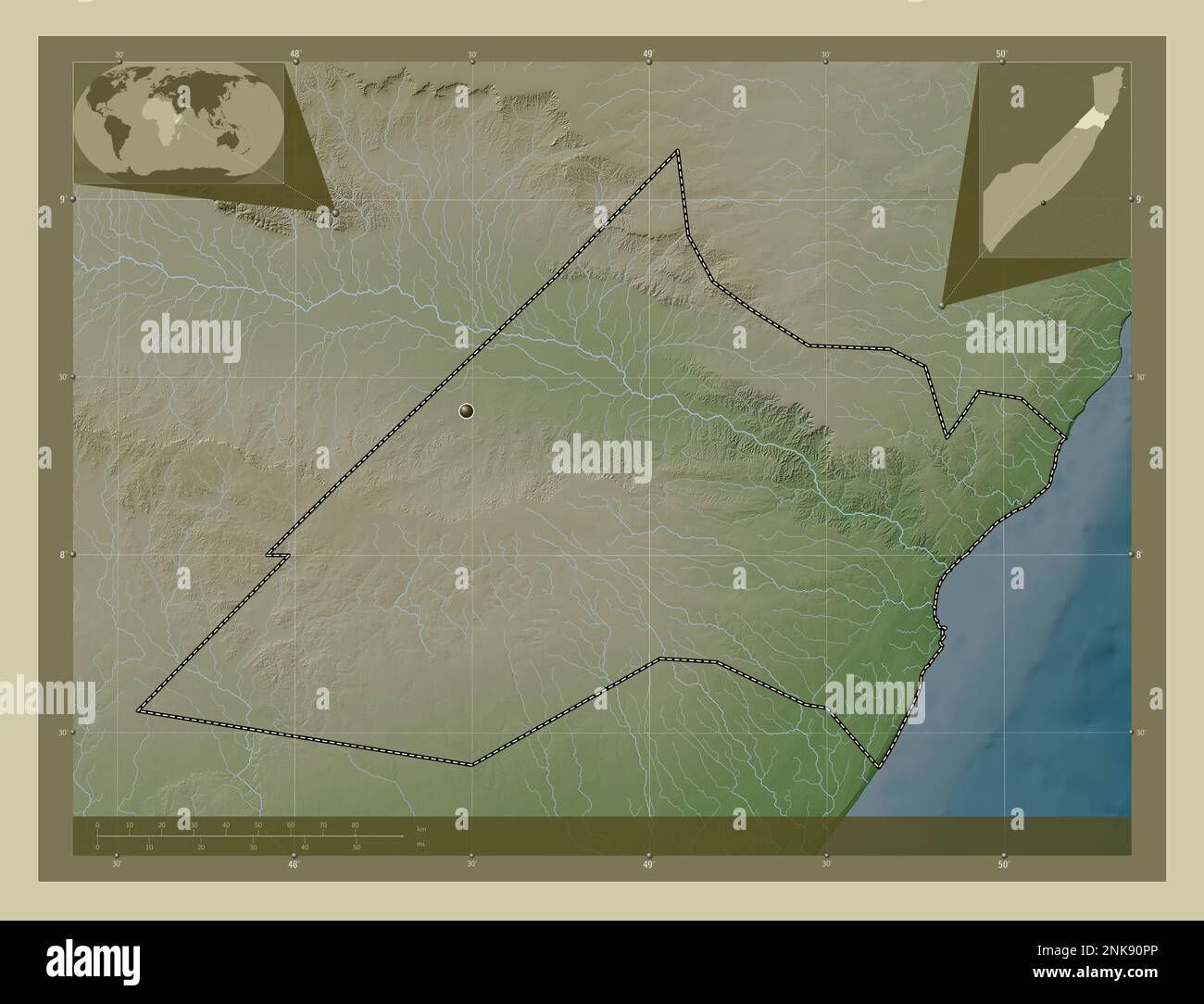 Nugaal, region of Somalia Mainland. Elevation map colored in wiki style with lakes and rivers ...