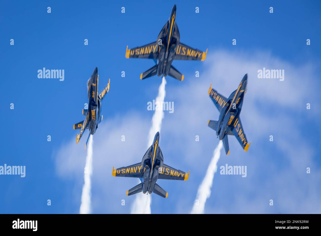 The Blue Angels’ F/A-18 Super Hornets fly overhead as part of the 2022 ...