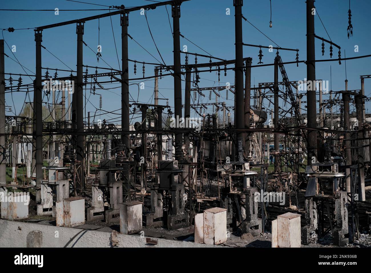 An electric power substation is charred by Russian airstrikes in the ...