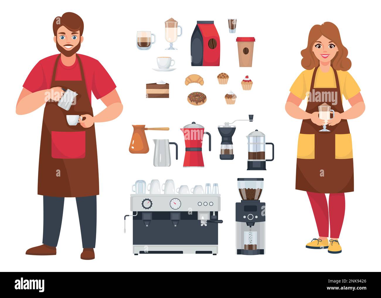 Coffee shop set with barista and coffeeshop accessories isolated vector ...