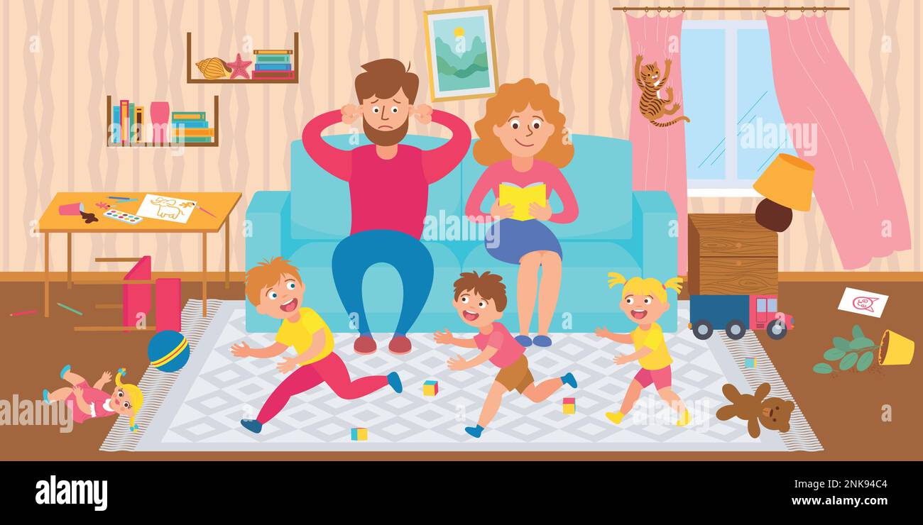 Children bad behavior flat composition with running kids and stressed ...