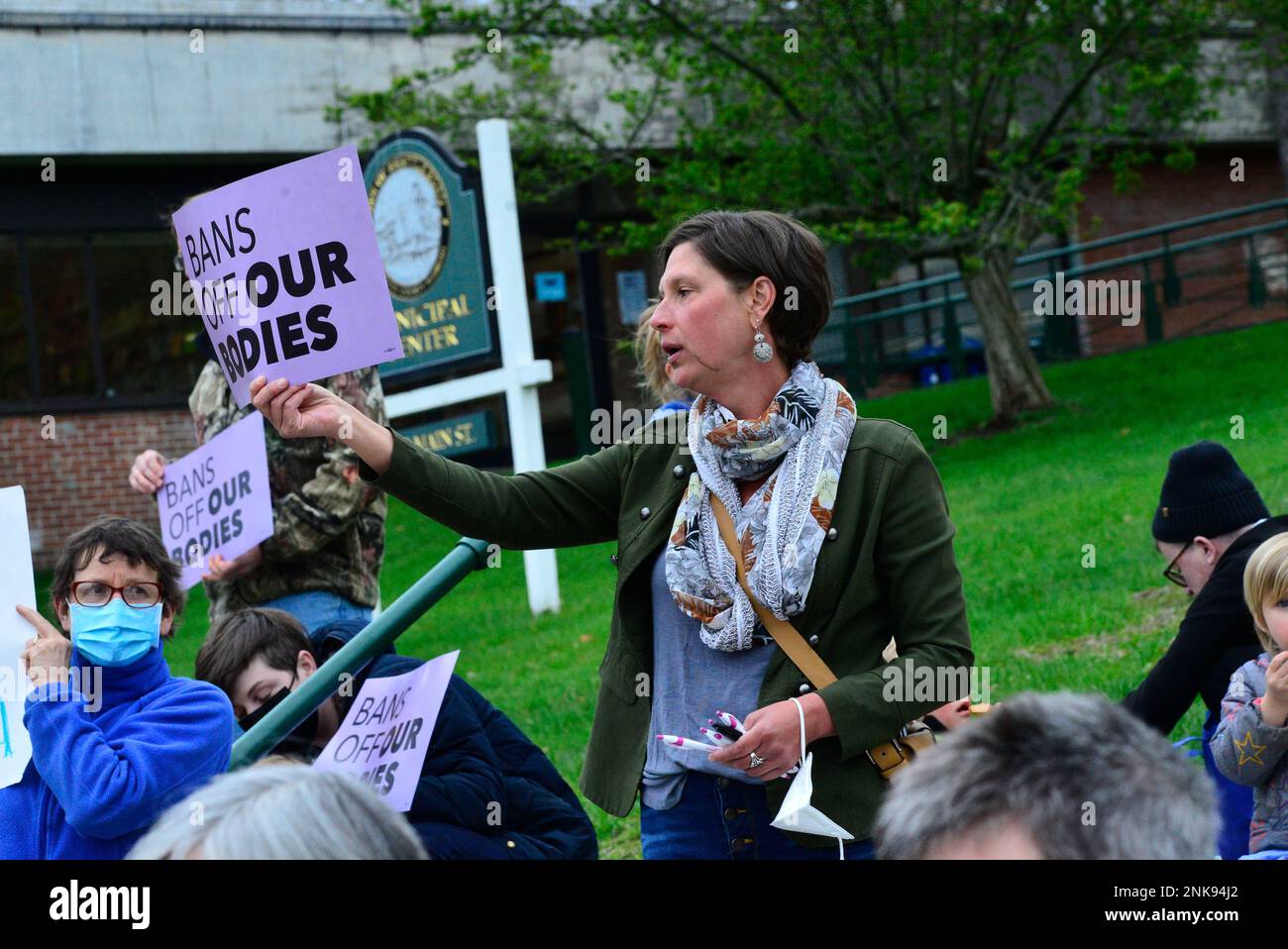 People gather outside the Municipal Building, in Brattleboro, Vt., on ...