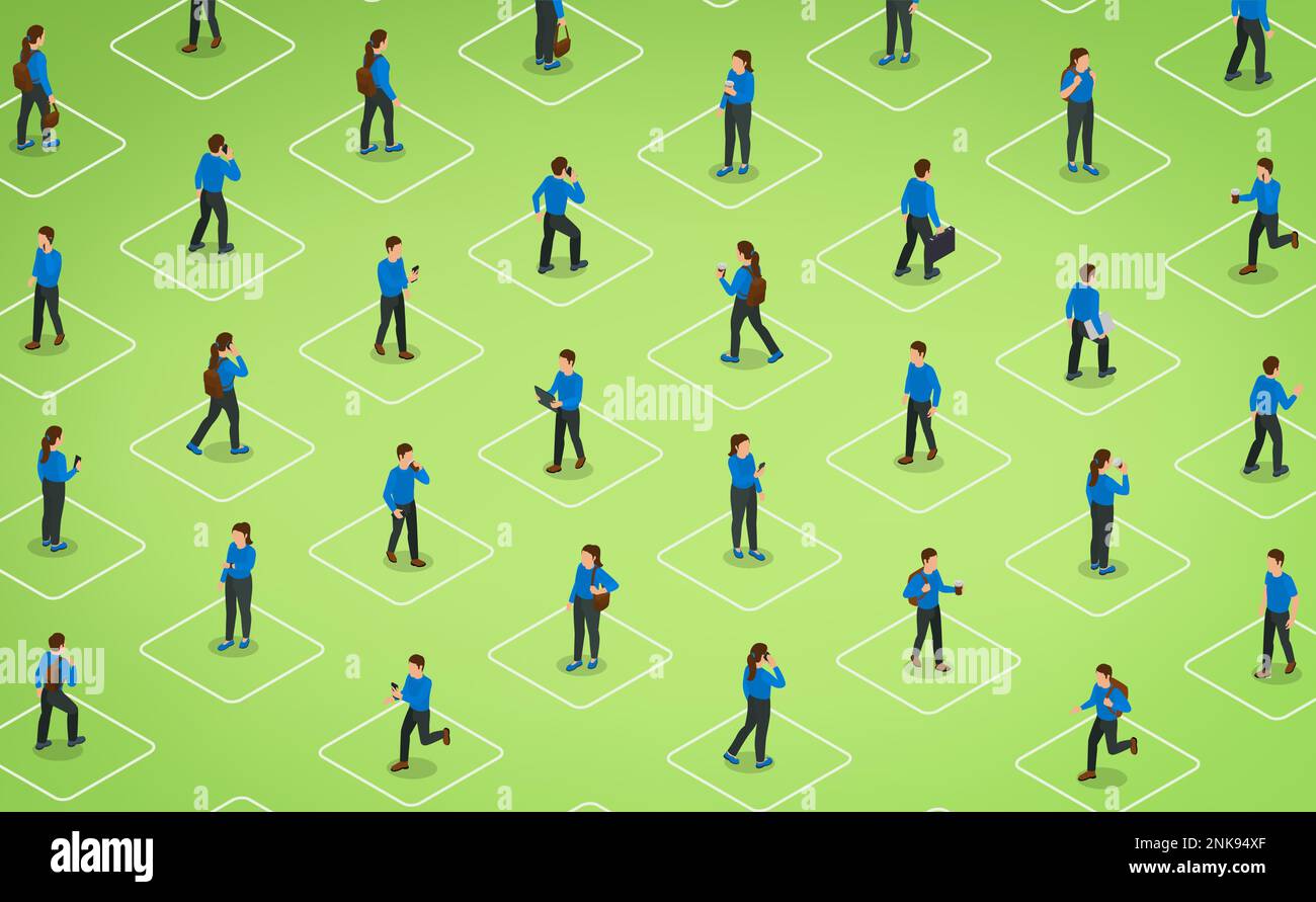 Walking people isometric green background with young casual persons in ...