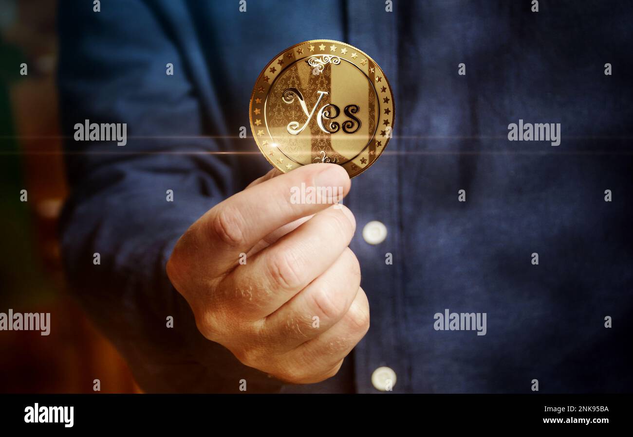 Yes or No random decision choice and gamble golden coin in hand ...