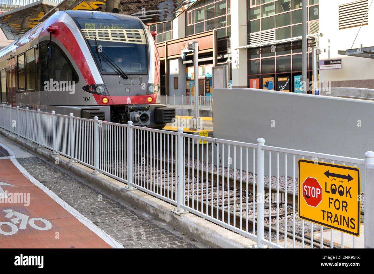 Austin, Texas, USA - February 2023: Warning sign Stop Look for Trains ...