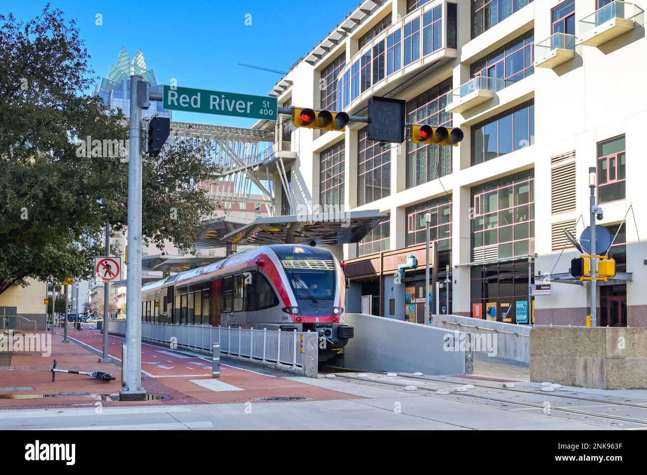 Austin, Texas, USA - February 2023: Commuter train about to leave the ...