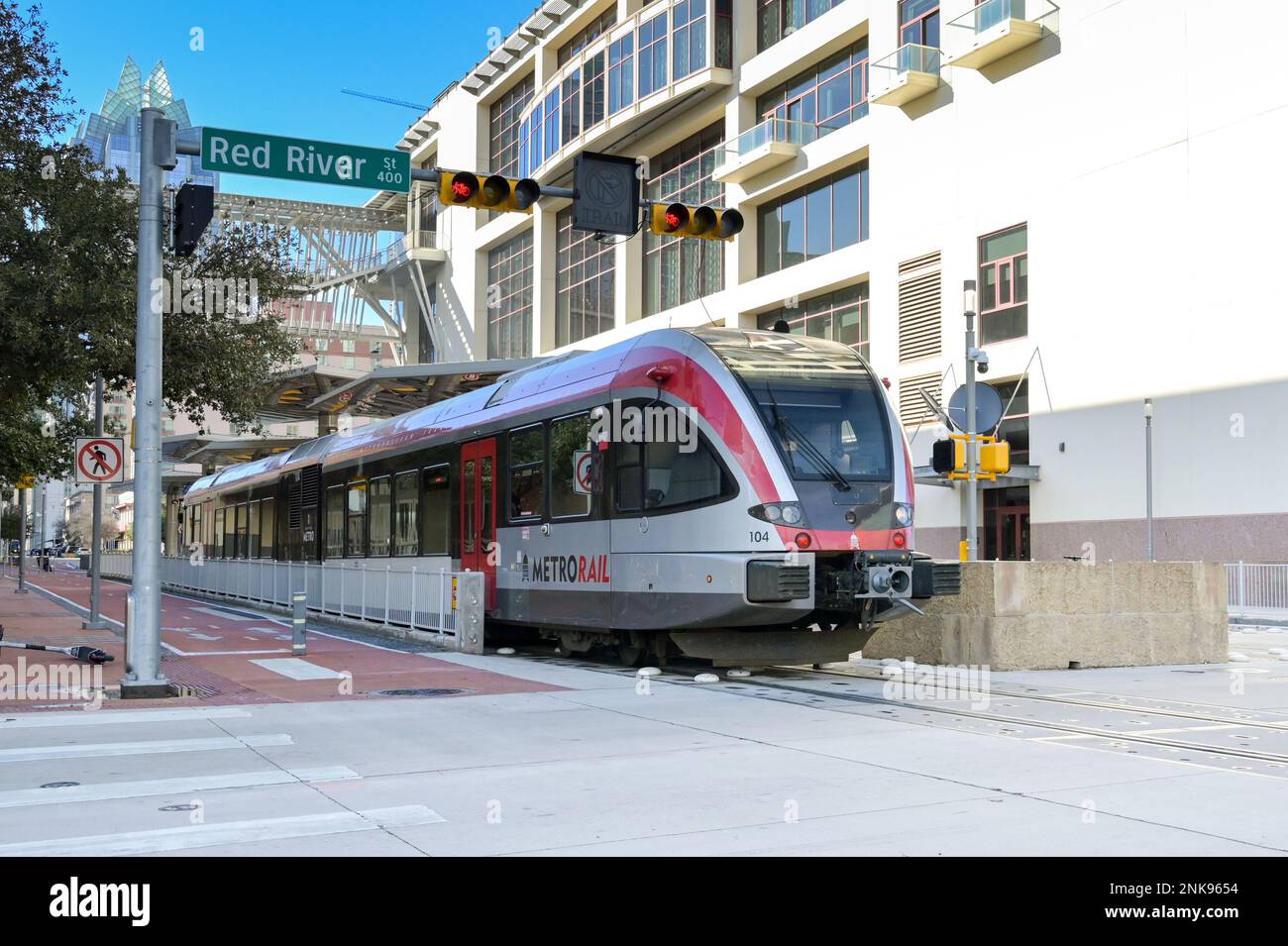 Austin, Texas, USA - February 2023: Commuter train leaving the ...