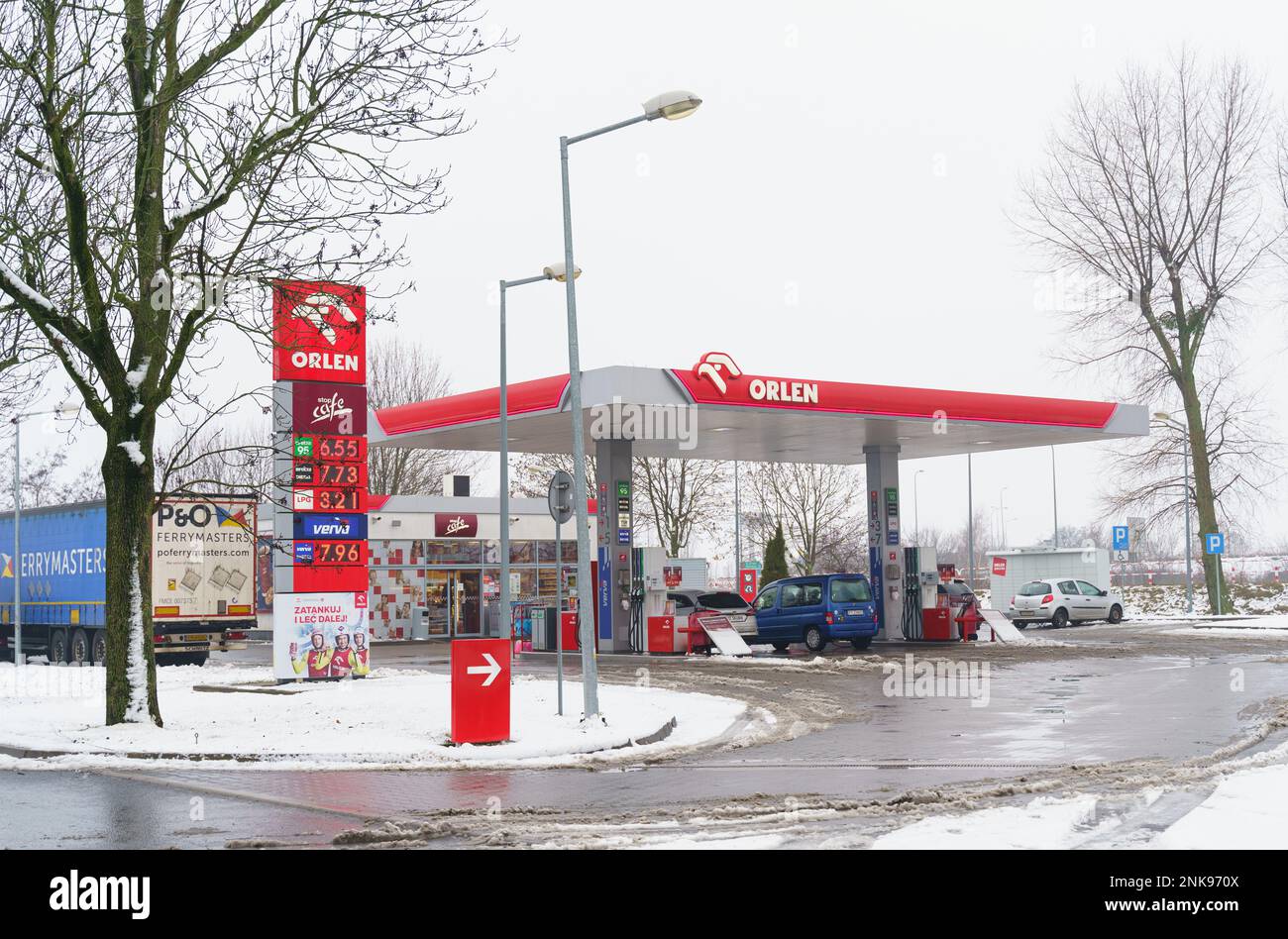 Poznan, Poland - January 22, 2023: Gas station Orlen in the winter city ...