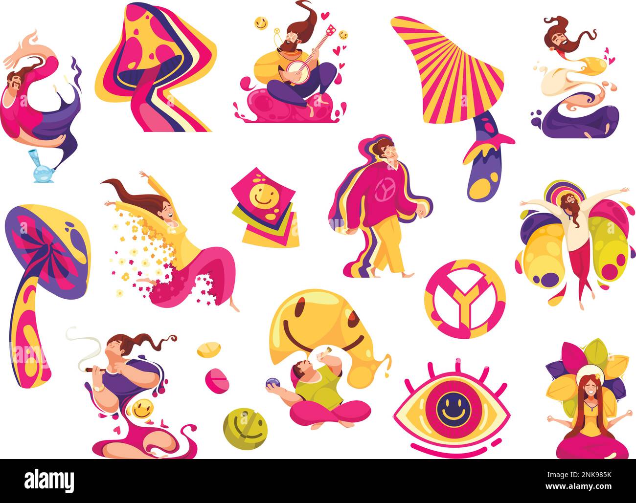 Hallucination cartoon set of trippy mushrooms and hippie characters ...