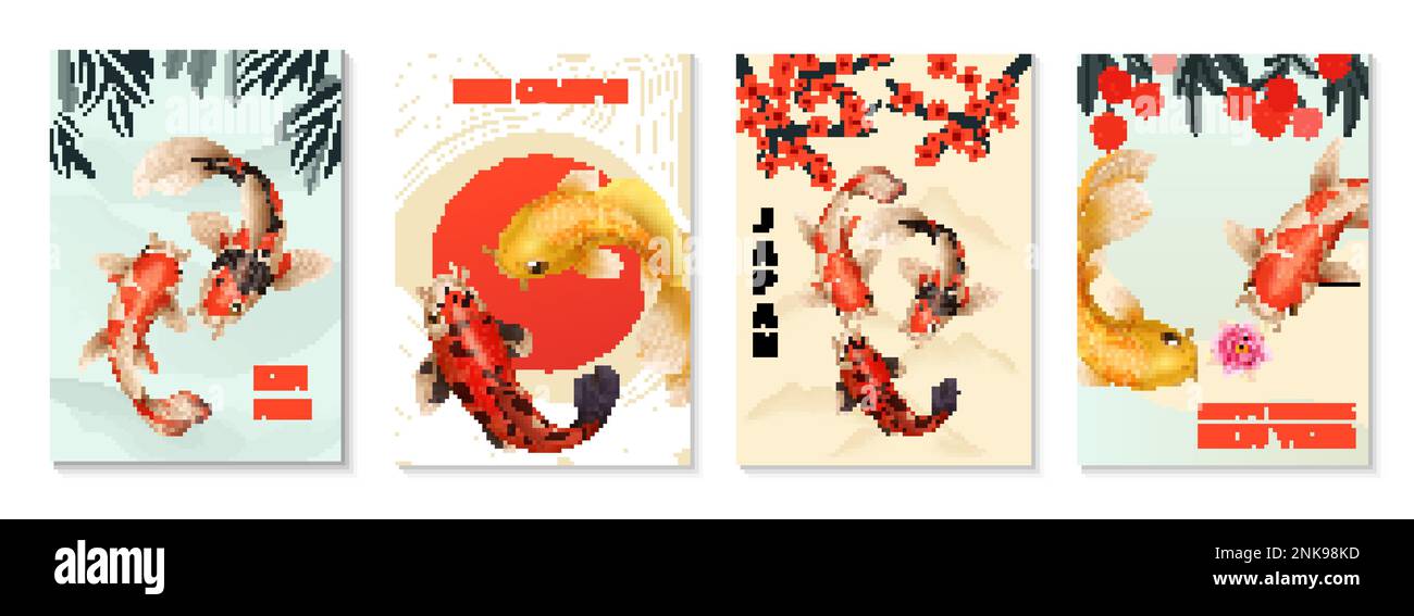 Realistic koi fish set of four vertical posters with editable text and ...