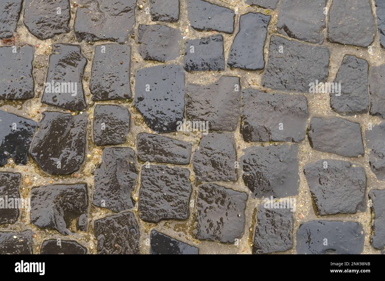Wet black pavement pavement after rain. Textures and paving stones ...