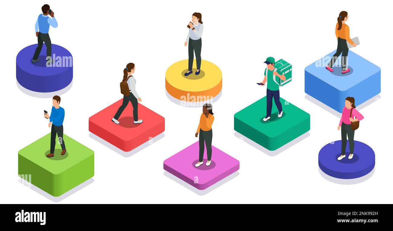 Walking young multiethnic people on colorful isometric geometric shapes going to school and work ...