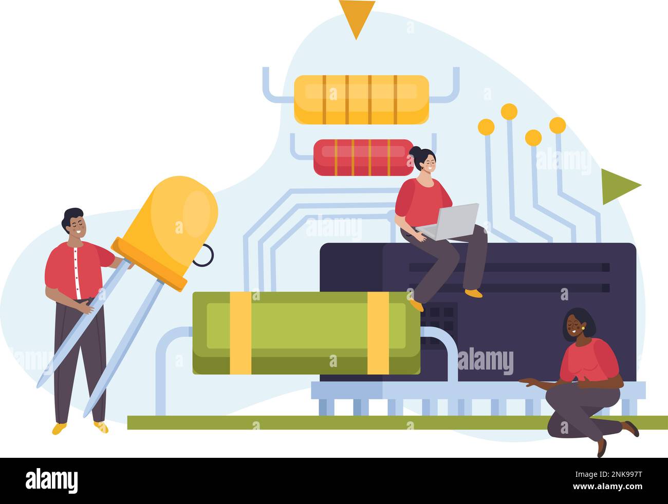 Microchip Concept With Electronic Circuit Components And Human Characters Holding Transistor