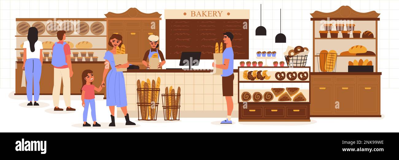 Bakery shop composition bakery with visitors and vendors and freshly ...