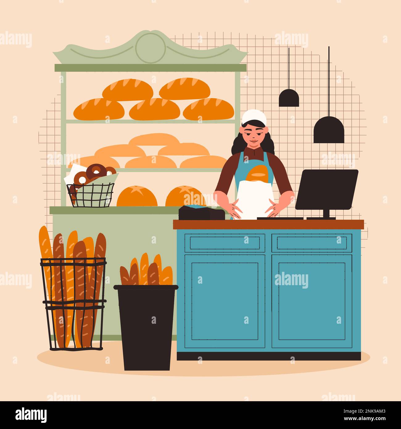 Bakery colored concept salesperson in a bakery behind the counter packs ...