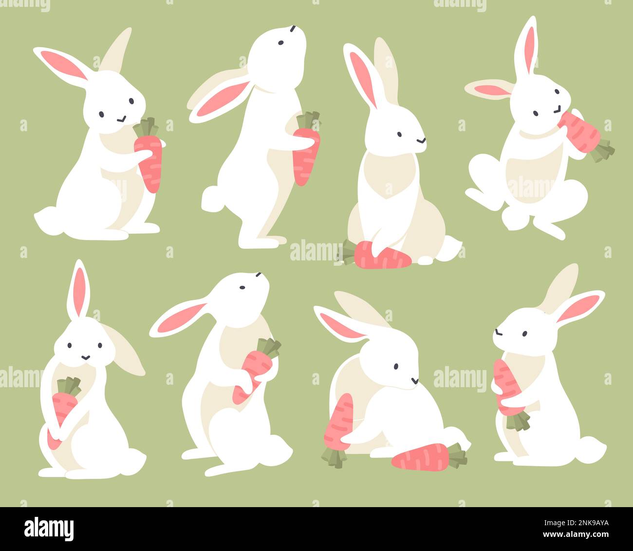 Cute rabbits with carrot in different poses cartoon set isolated on ...