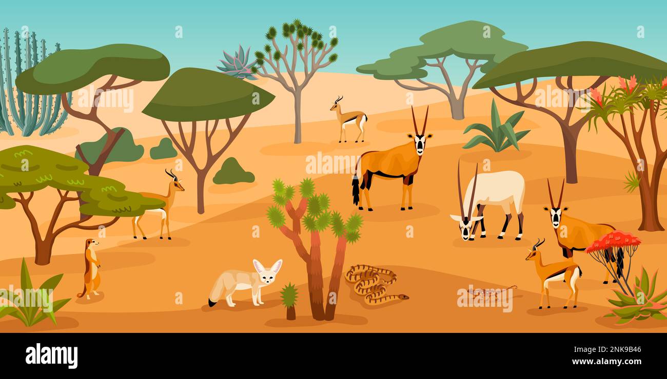 Desert cartoon background with wild animals walking among cacti and ...