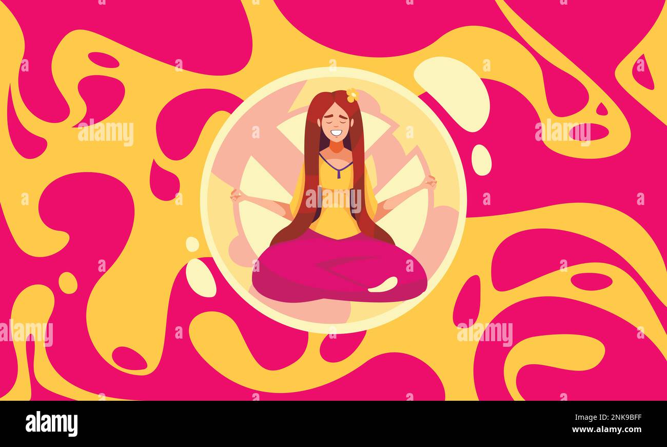 Psychedelic cartoon composition with meditating smiling girl sitting in ...
