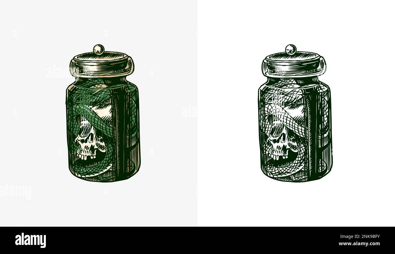 A snake with a skull in a jar. Witch poison. Arcane Esoteric icon ...