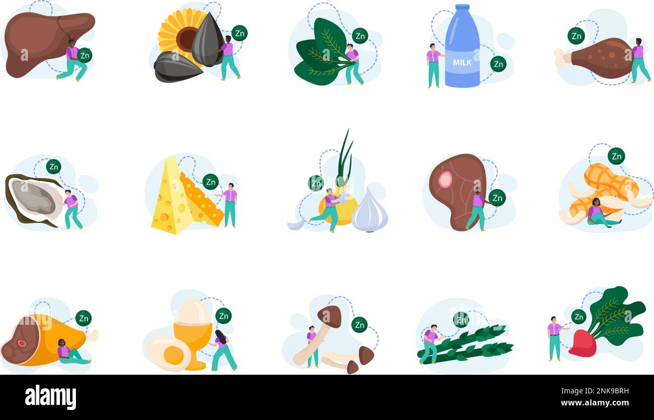 Food rich in zinc flat icons set with healthy products and little human ...