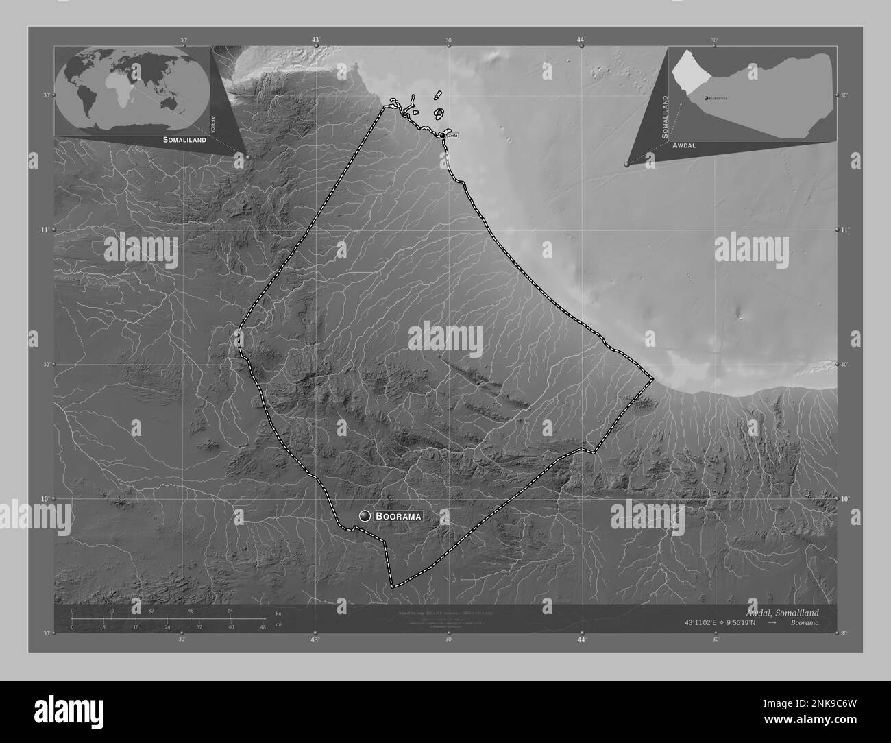Awdal, region of Somaliland. Grayscale elevation map with lakes and ...