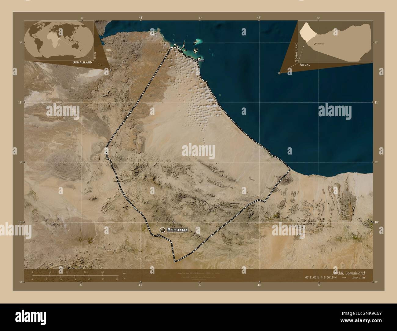Awdal, region of Somaliland. Low resolution satellite map. Locations ...